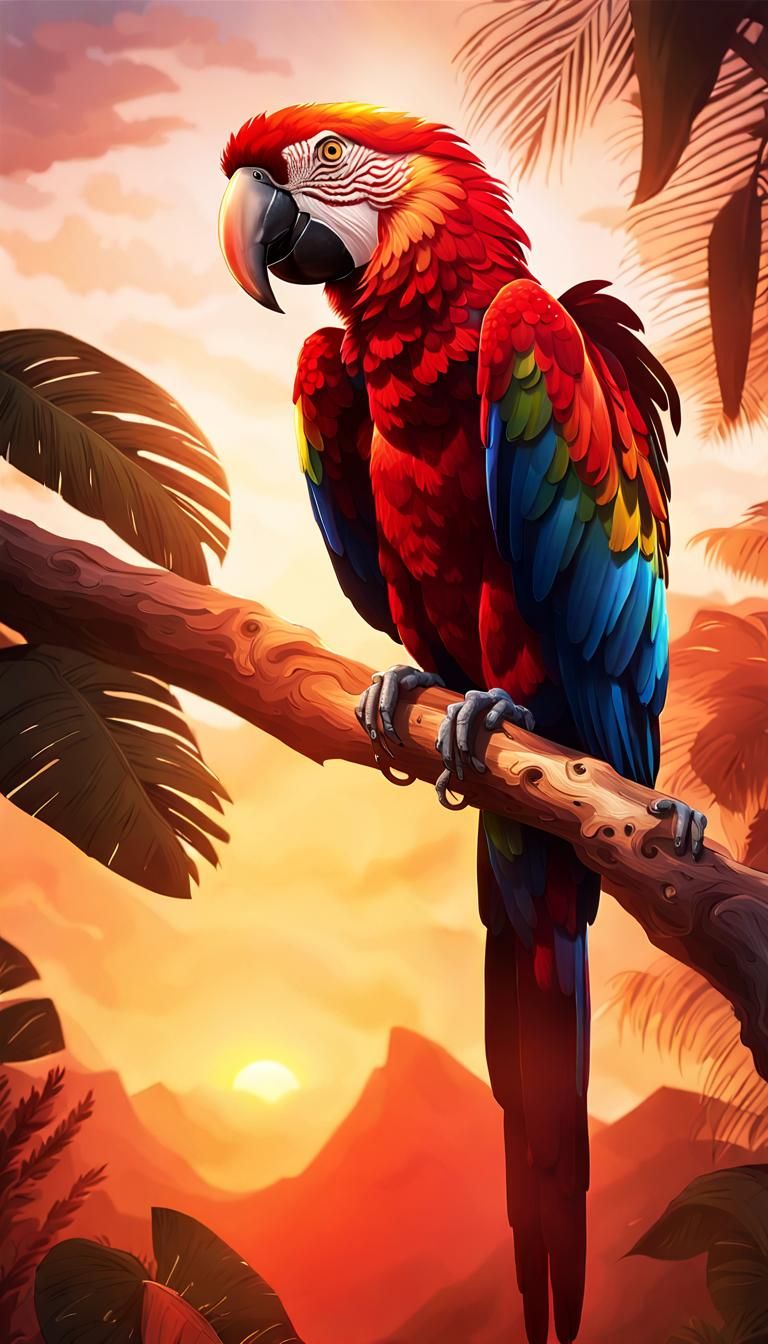 An epic image of a red macaw sitting on a branch in the sunset, high ...
