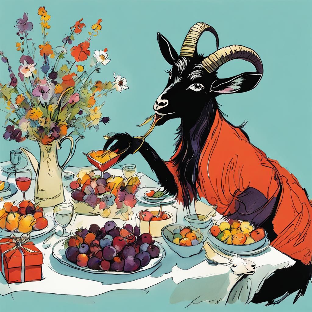 Black goat eating wedding gifts digital illustration by Quentin Blake, contrasting colors - AI ...
