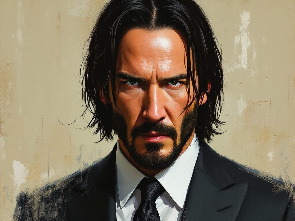 Keanu Reeves as John Wick, with chiseled features, a strong jawline ...