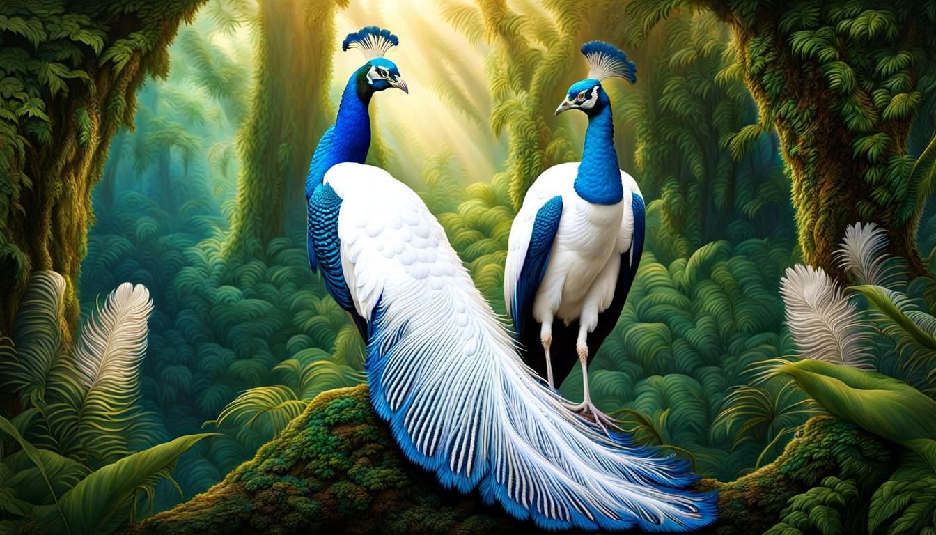 White and blue Piebald Peacocks -kinda.. - AI Generated Artwork - NightCafe Creator