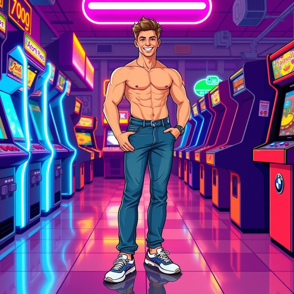 Fun Times - Young Man in Neon Arcade, Cel-Shaded Style