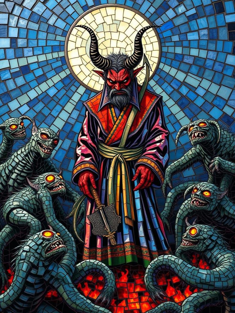 scene from hell, with the devil dressed in a traditional robe standing ...