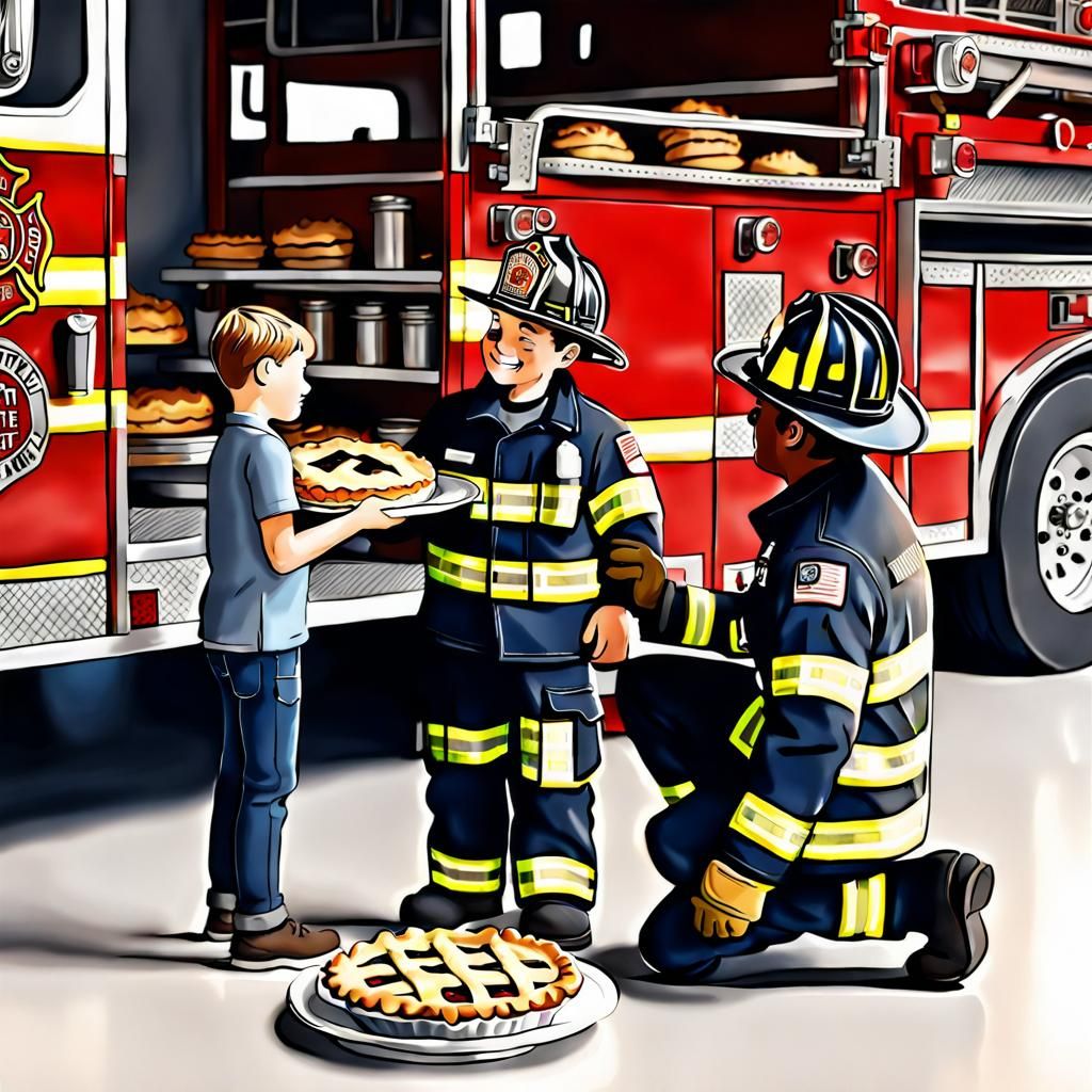 8k realistic, intricate details, a young boy is giving a pie to a ...