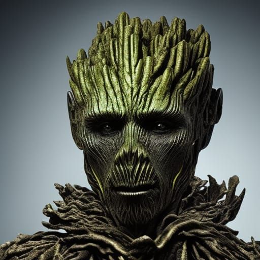 a centered head and shoulder ultimate face portrait of a dark Silver ...