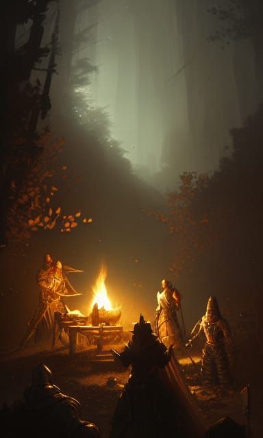 A knight camp in the dark. - Dark Knight Campfire: Fantasy A...
