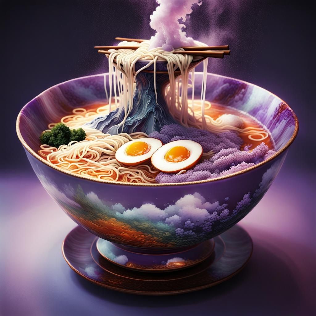 Beautiful hyper-realistic artwork of a fantasy ramen bowl growing out ...