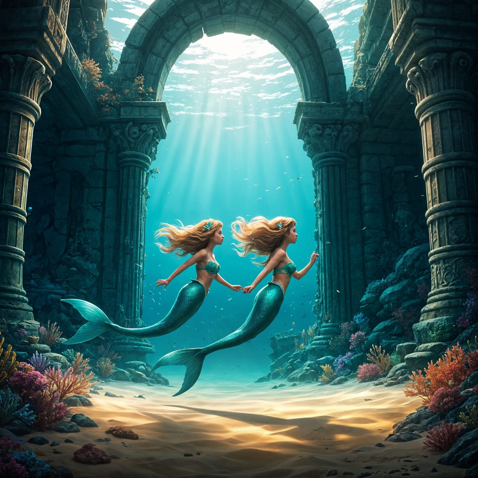Mermaids exploring a lost civilization