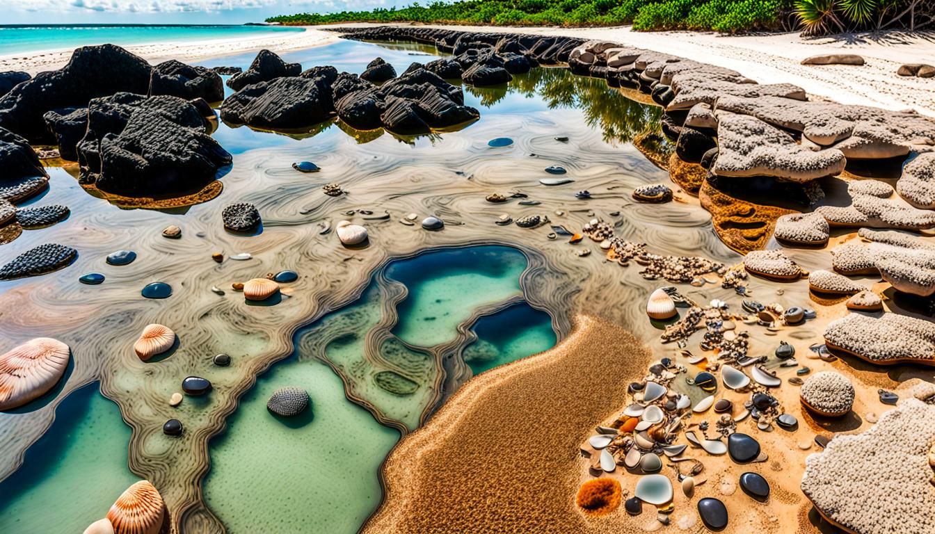 Rocky shore along the Yucatan Peninsula with small tide pools between ...
