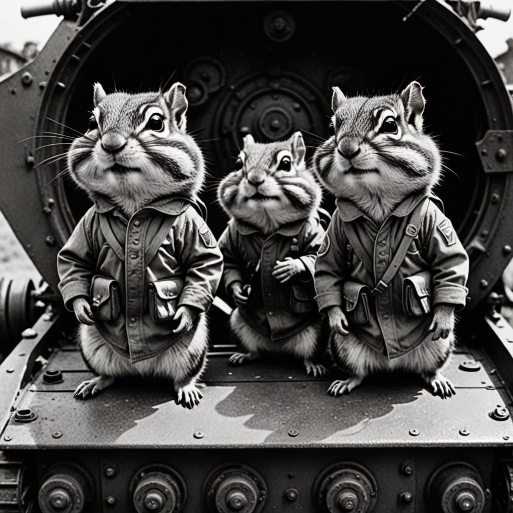 Black and white photo of chipmunks in world war two soldier's uniforms ...
