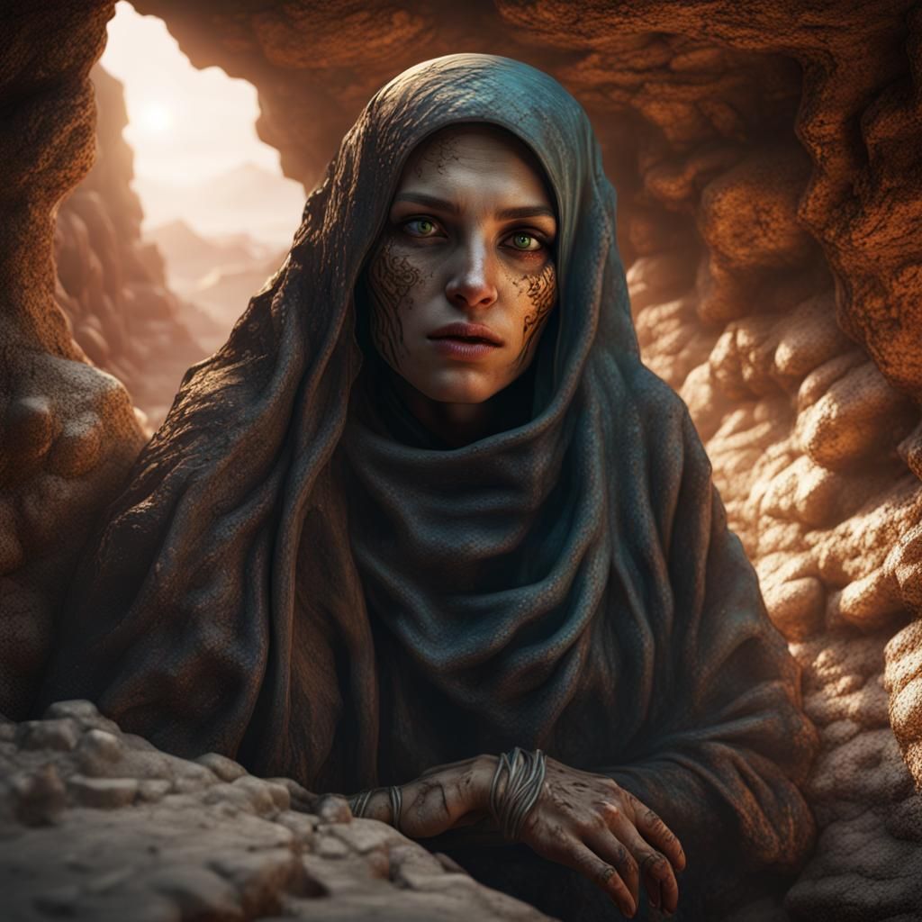 Post apocalypse Arab woman hiding in cave close up of face - AI ...
