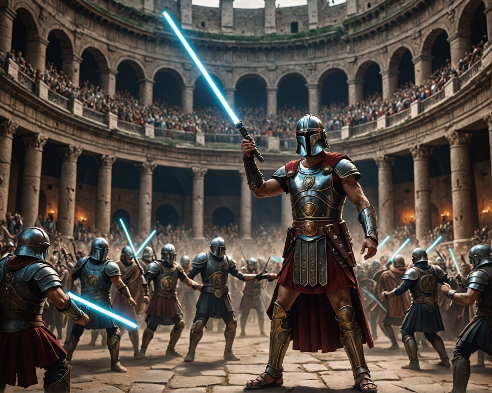 A Roman gladiator wielding a lightsaber in the Colosseum, surrounded by ...