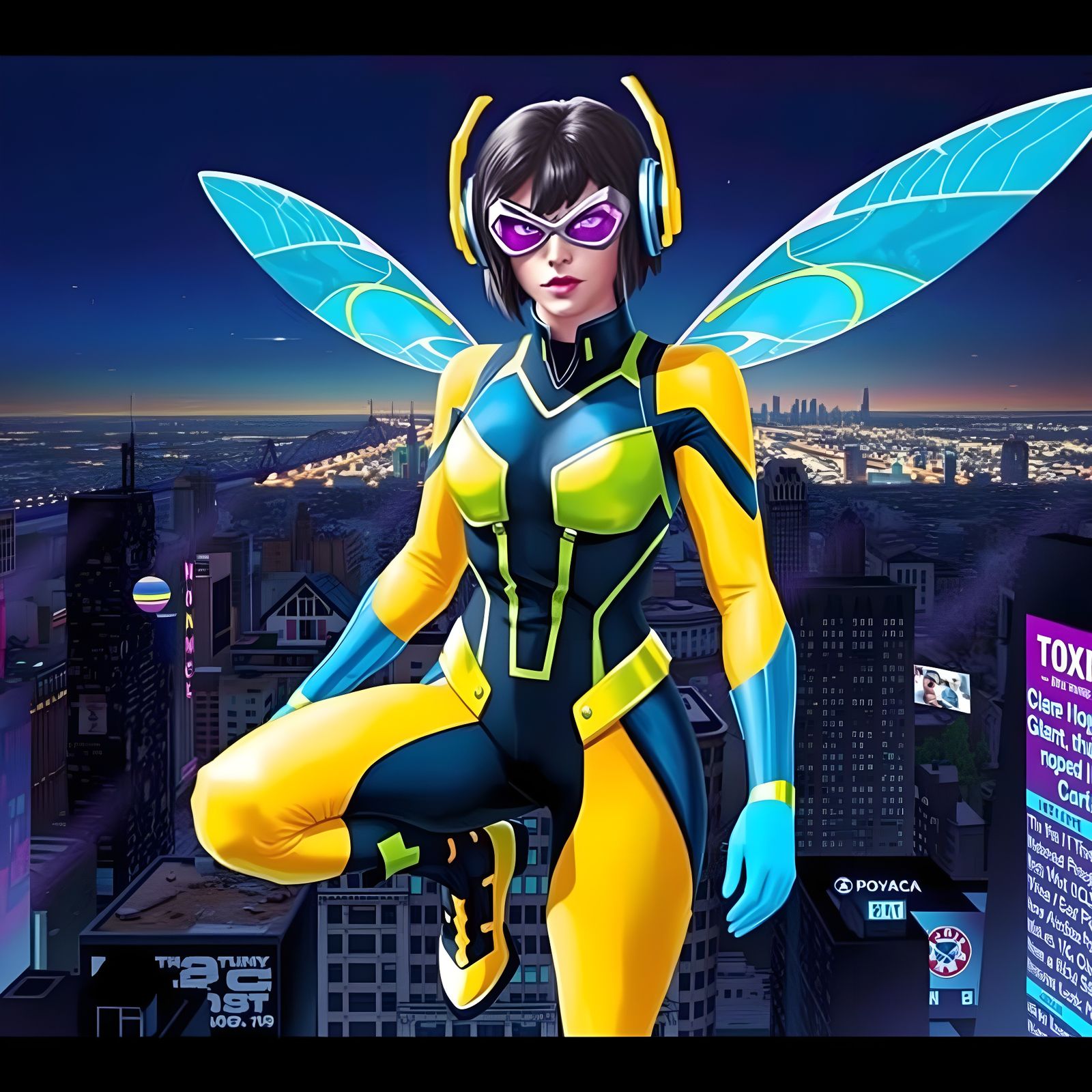 Wasp Lady - Neon Wasp Hero Soars Through City Skies