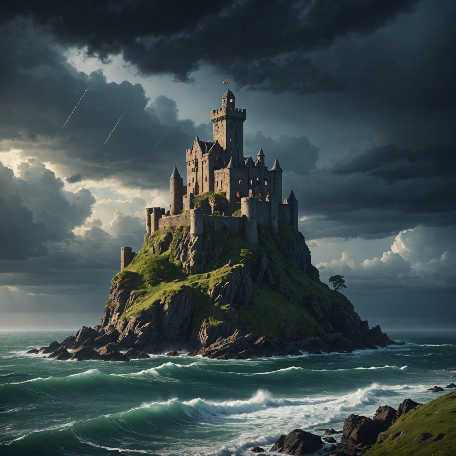 A lone castle ruin sat atop a small island at sea in a storm a single ...