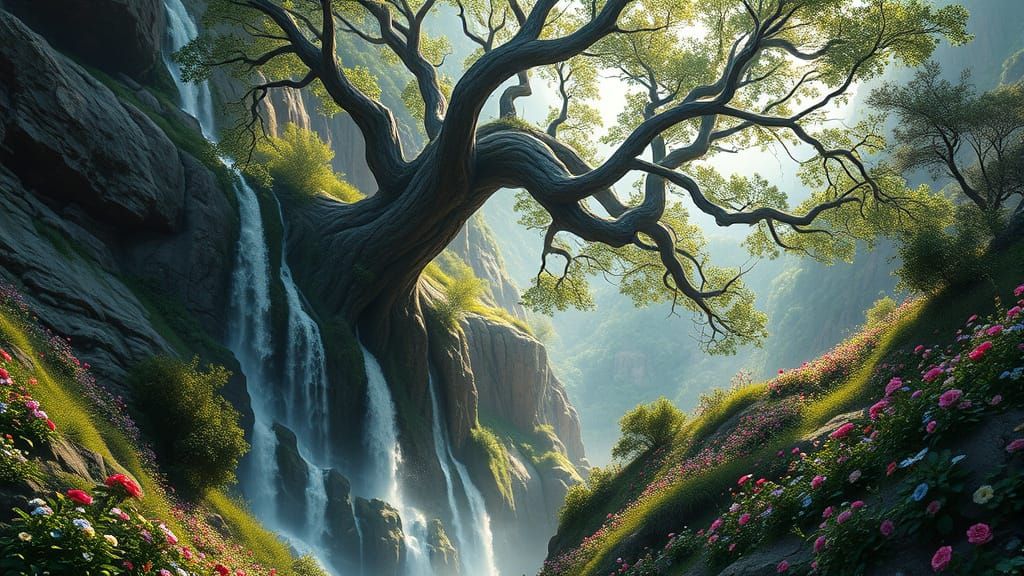 Stunning Cliffside Tree with Cascading Waterfalls ... - AI Art