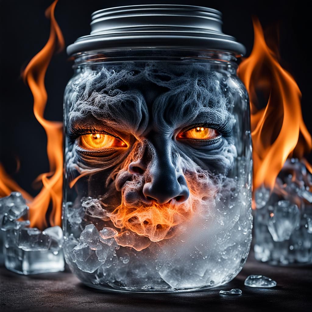 Fire face trapped inside of a glass jar made of ice, surreal Photoshop ...