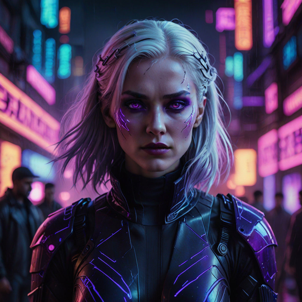 Cyberpunk Demon Girl Portrait in Neon-Lit Splendor - AI Art