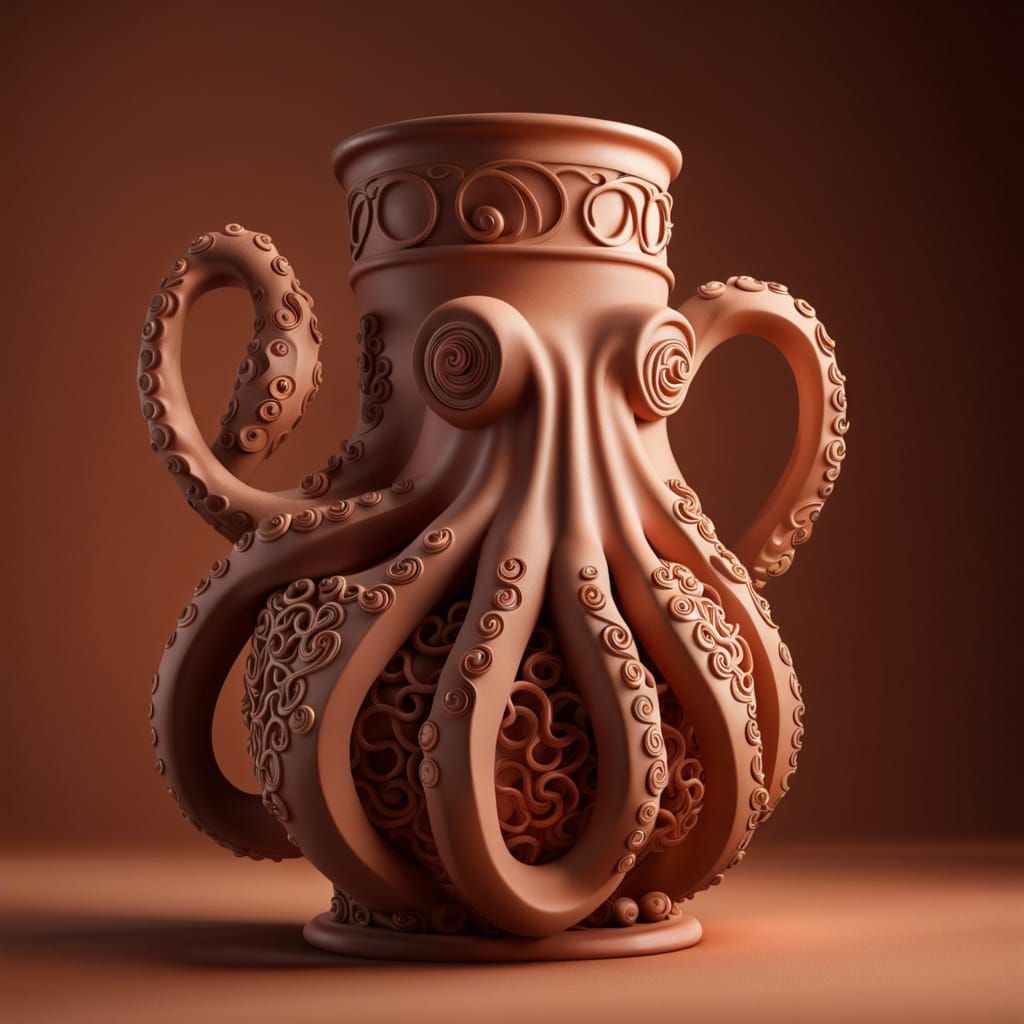 clay pitcher shaped like an octopus, simple background, intricate ...
