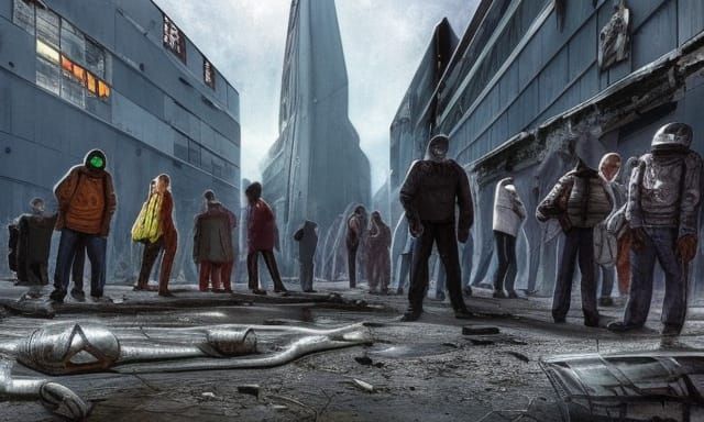 a crowd gathered outside a building, aliens, derelict building, post ...