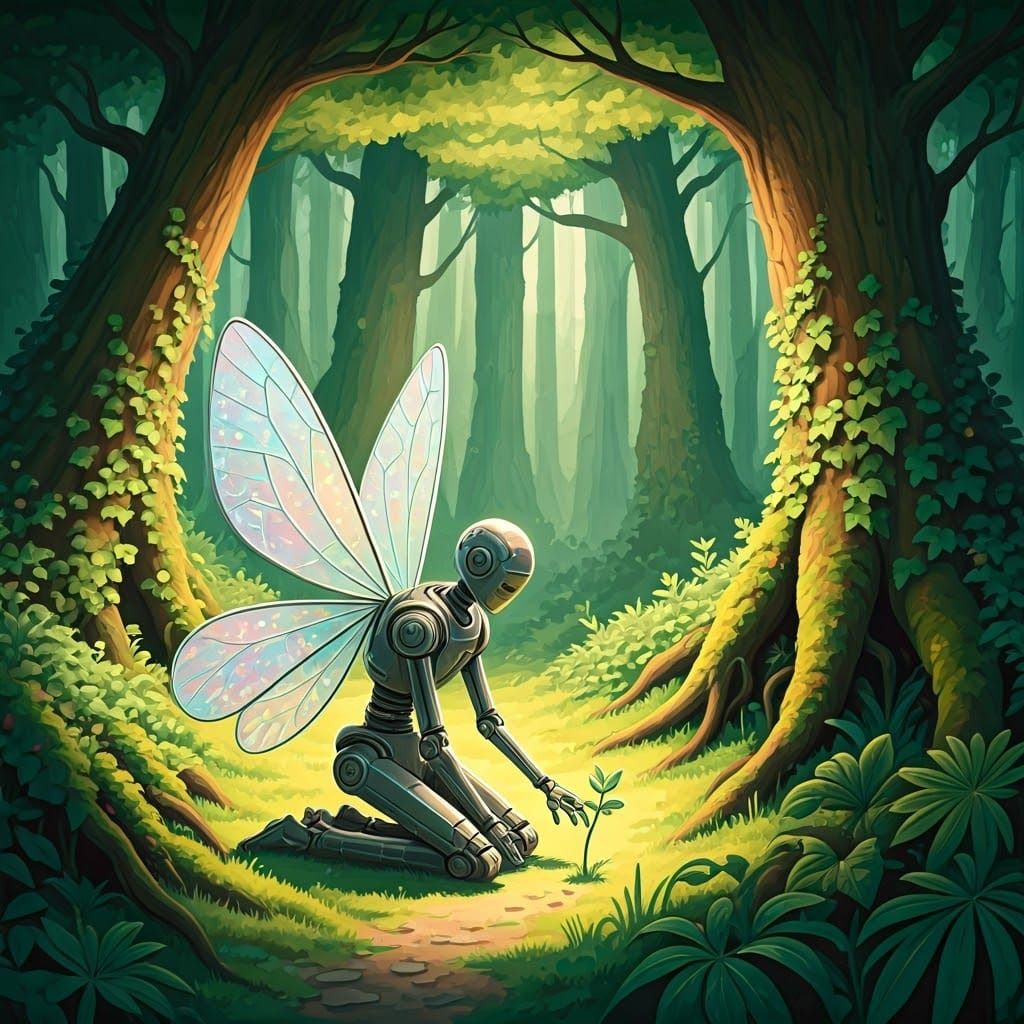 Solar bot - Whimsical Robot in Nature, Iridescent Wings, Sol...