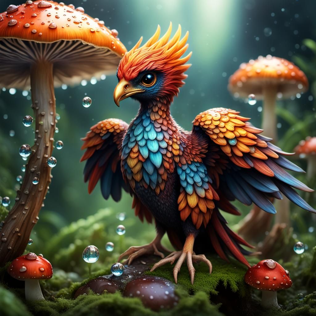 Macro photography of a tiny Phoenix sitting on a mushroom. Dew drops ...
