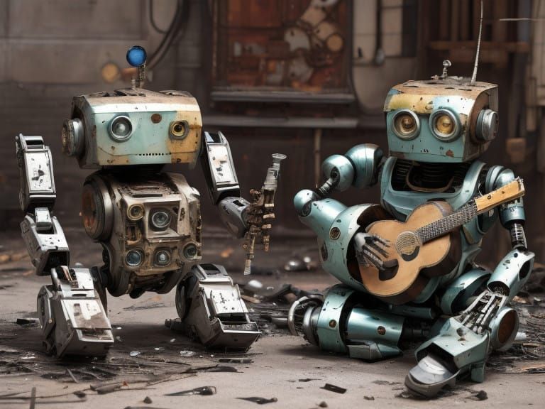 Rusty Robots Jam in a Junkyard - AI Art