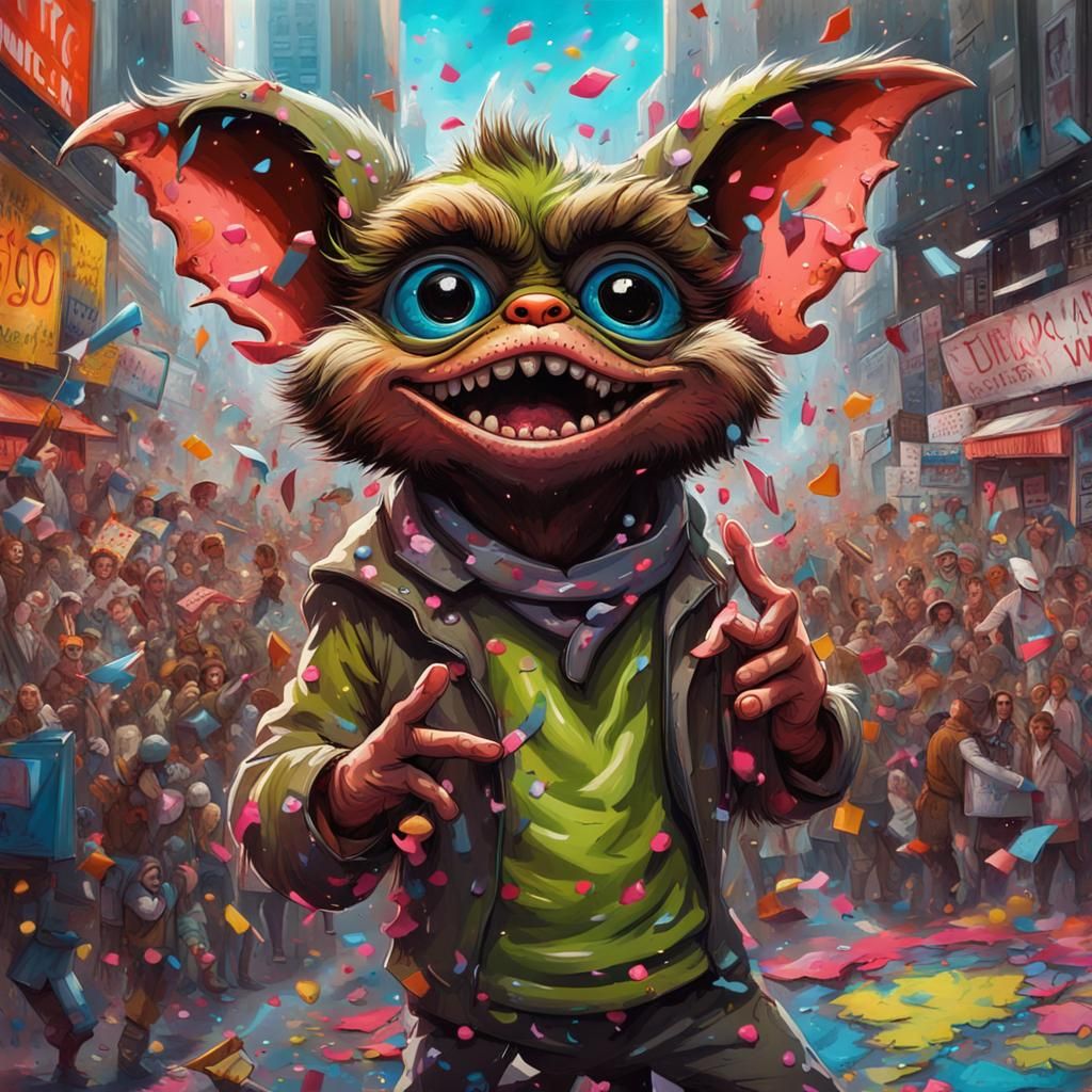 Gremlins dressed in cloths and celebrating by throwing confetti ...