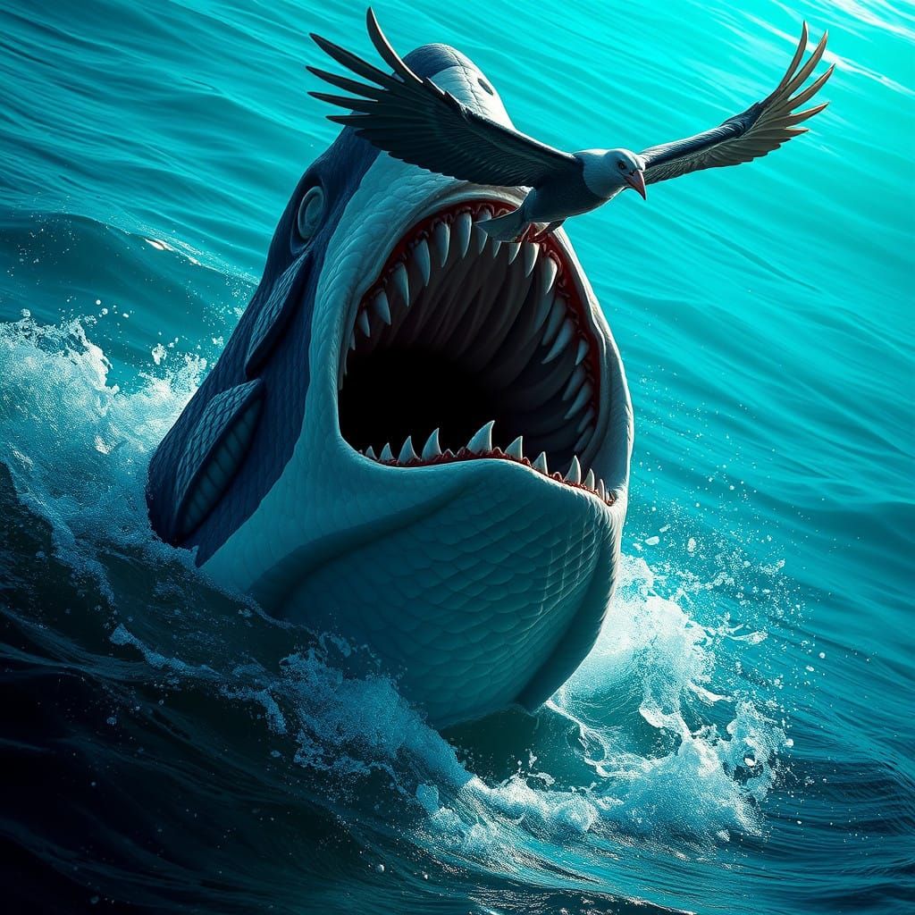 Megalodon Snatches Giant Bird in Mid-Air with Hype... - AI Art
