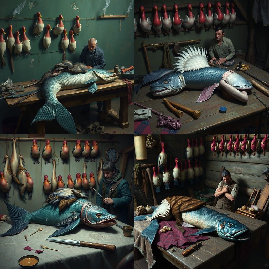 hunter’s table,. with a dead mermaid half woman half fish on the table ...