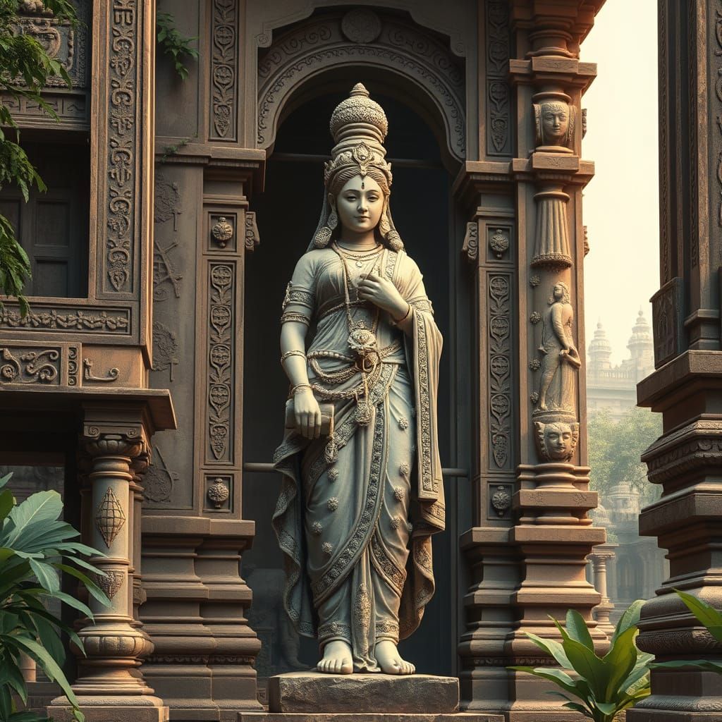 Indian Goddess Statue in Ancient Temple Setting - AI Art