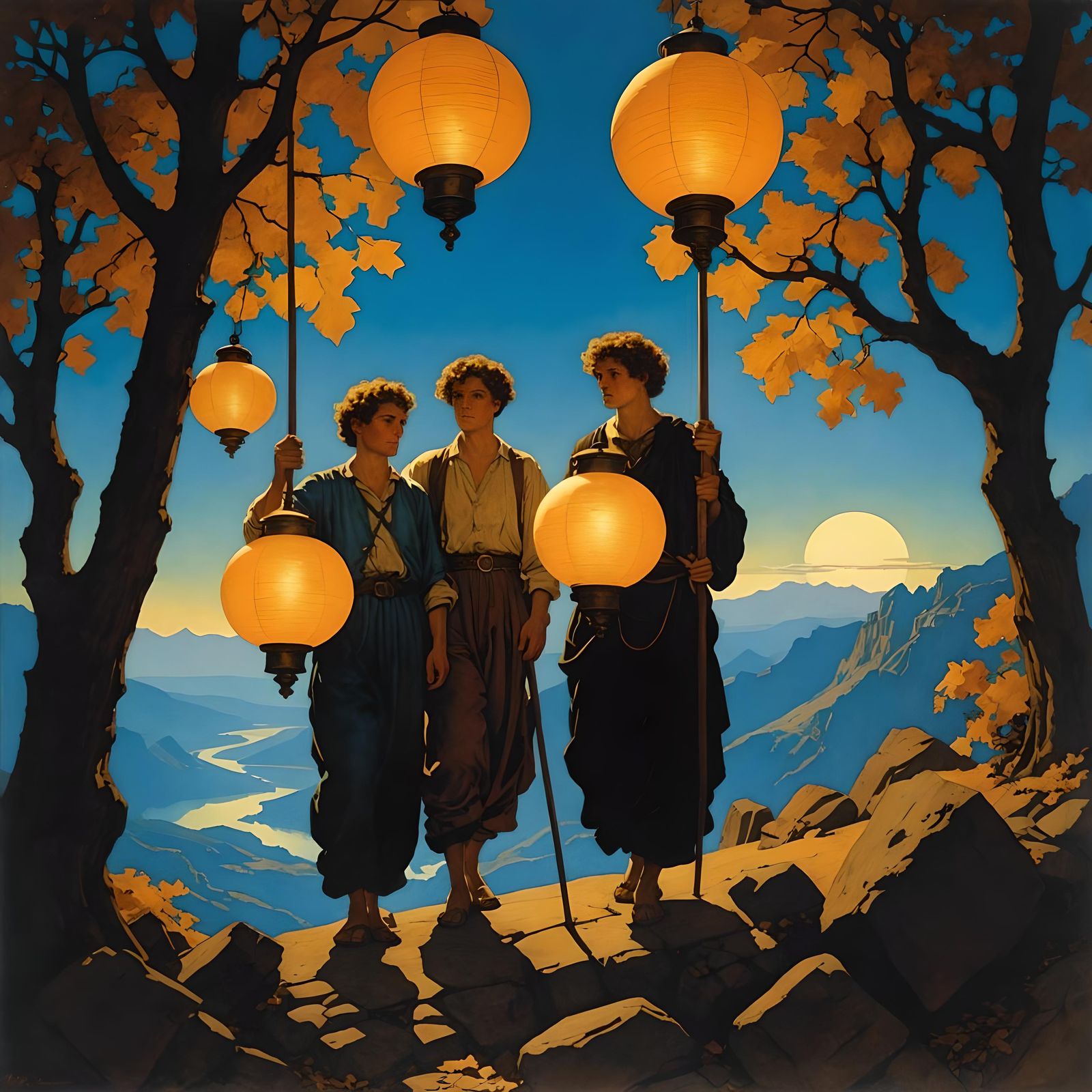 Reimagined: The Lantern Bearers by Maxfield Parrish - AI Generated Artwork - NightCafe Creator