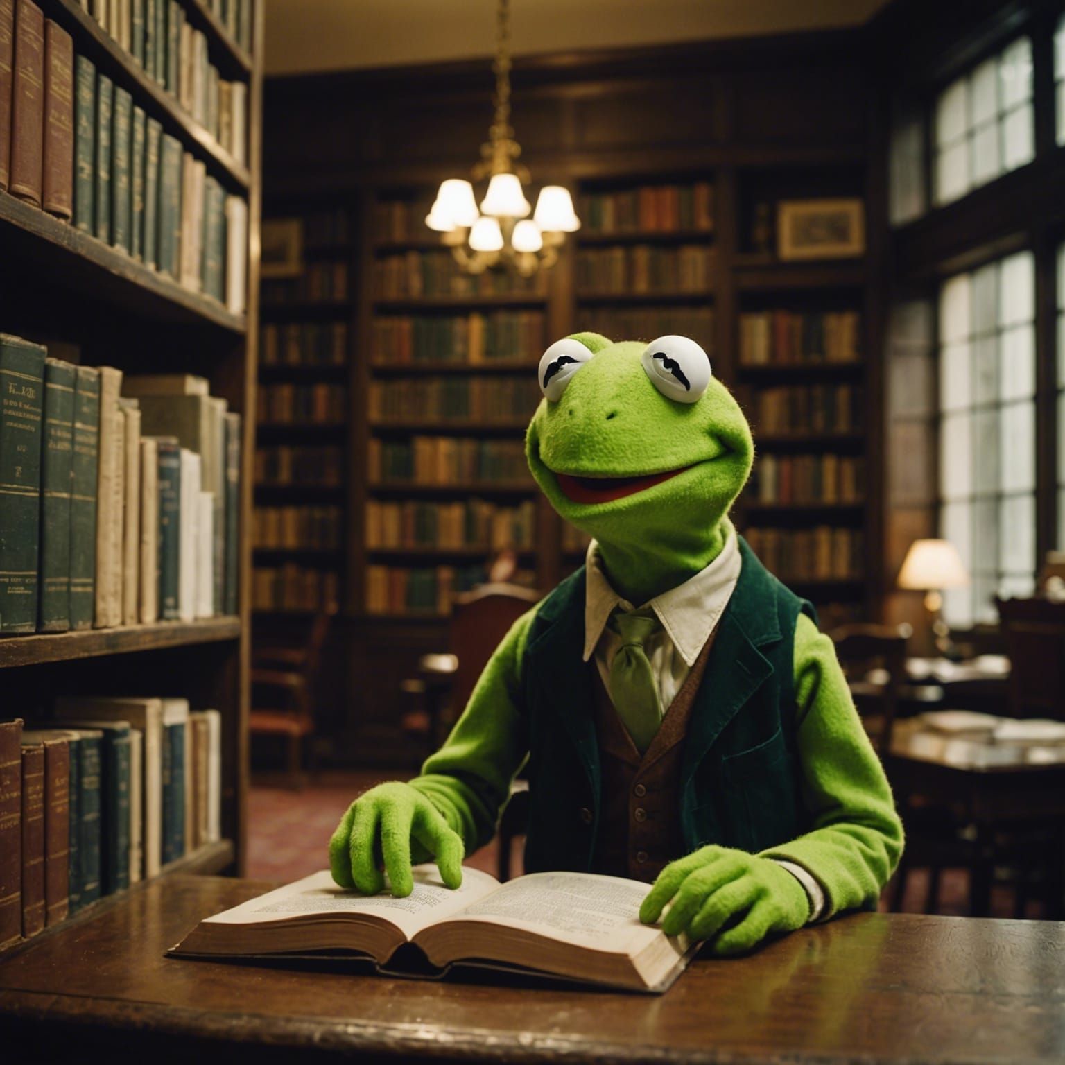 Foreground: Kermit holdings a book in his hands Background: Inside a old-fahioned library with ...