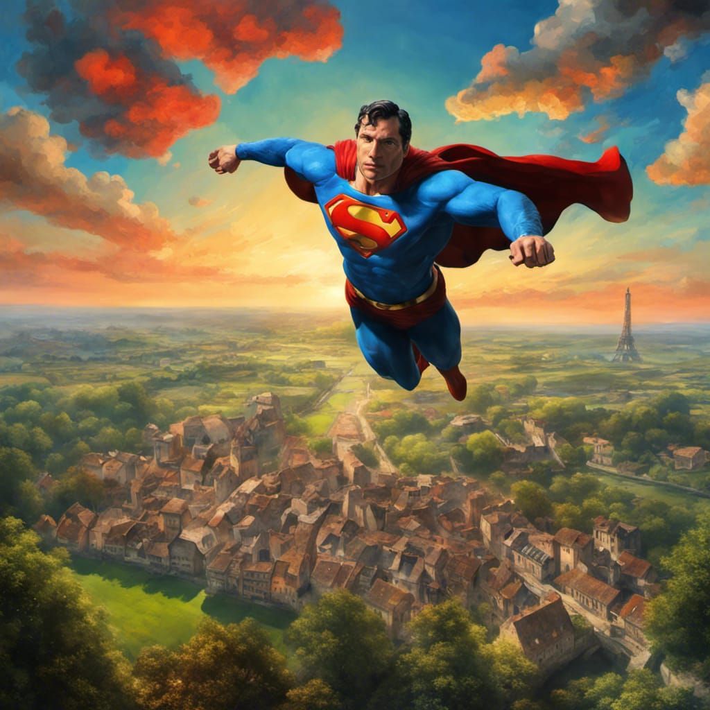 Superman flying over a coutry side village landscape over France ...