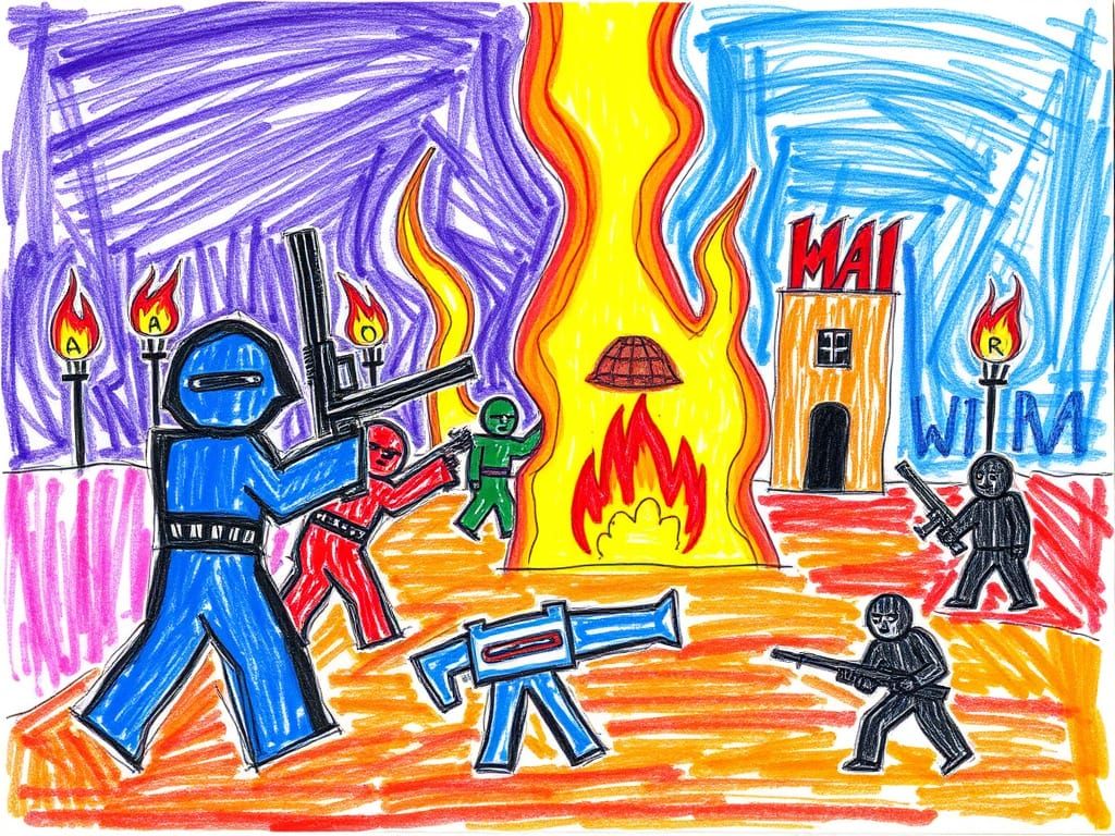 Child's War Art in Colorful Crayon Style - AI Art