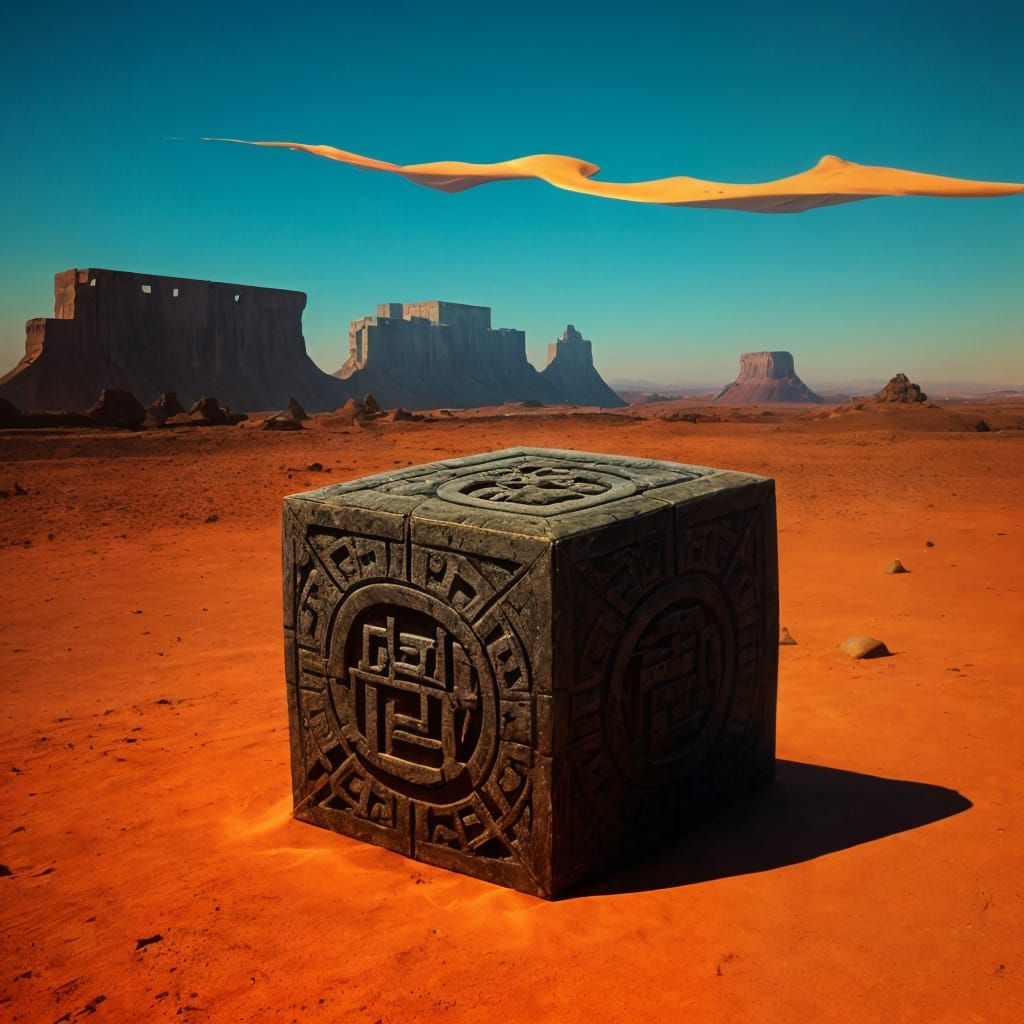 Ancient cube - Surrealist Painting of Ancient Cube in the De...