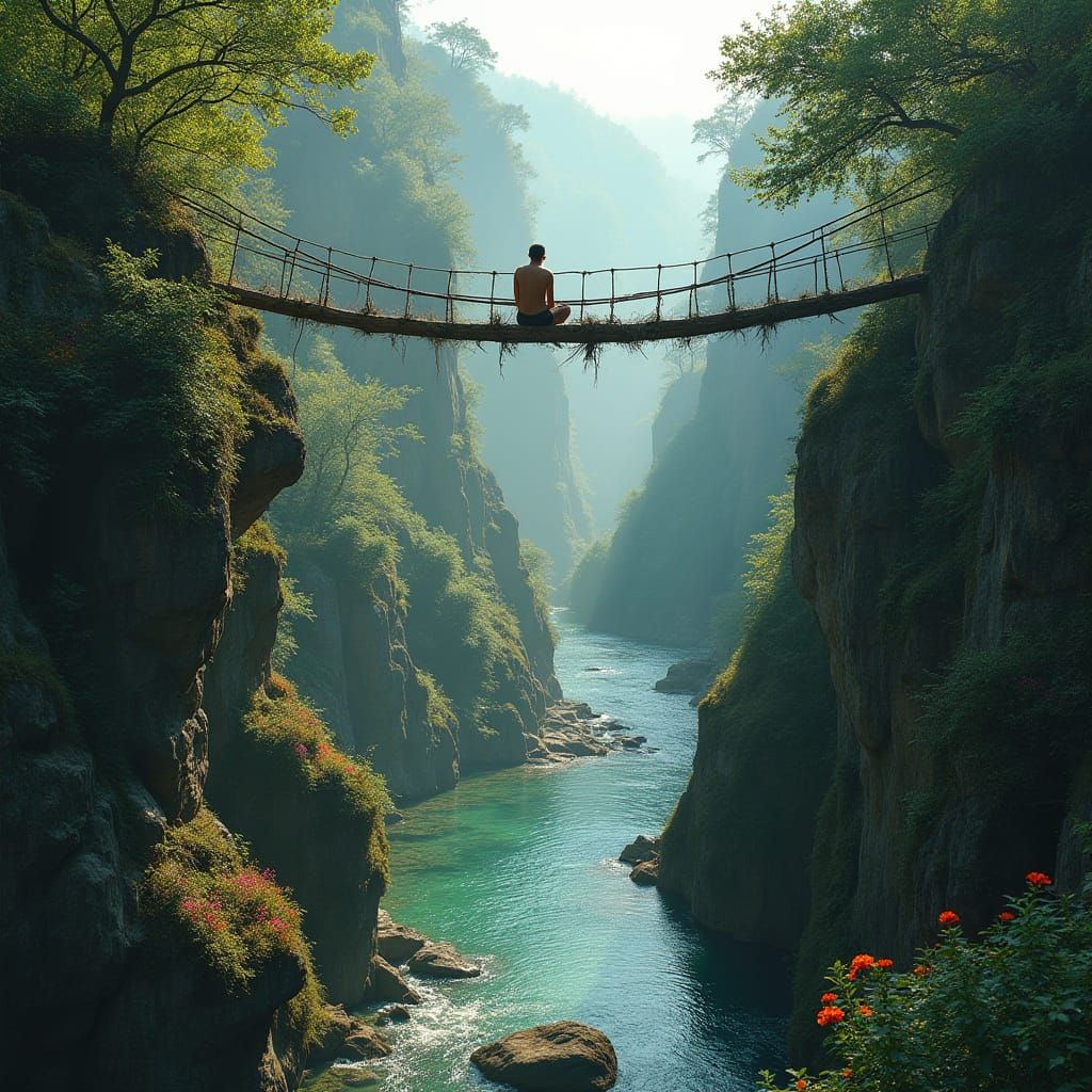 Majestic Chasm Bridge with Emerald Walls and Gentl... - AI Art
