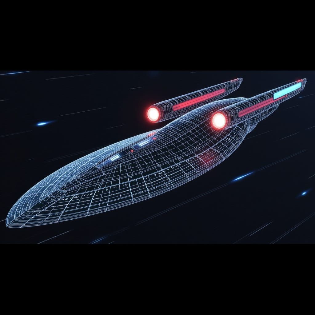 Wireframe USS Defiant class starship.