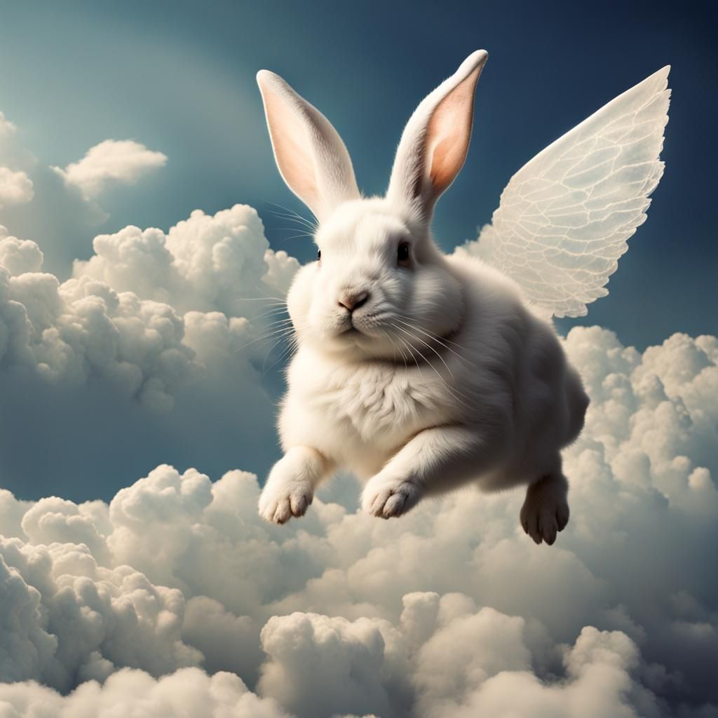 Photo of a flying rabbit with wings in the clouds - AI Generated ...