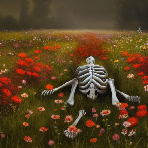 Skeleton lying in a sunny field of flowers. Colorful. Somber. Realistic ...
