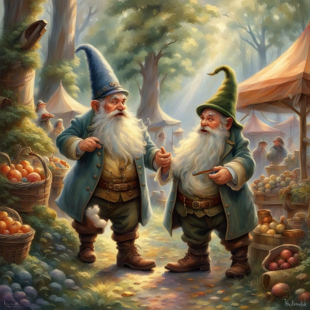 Two dwarves are arguing at the forest market, they are wearing funny ...