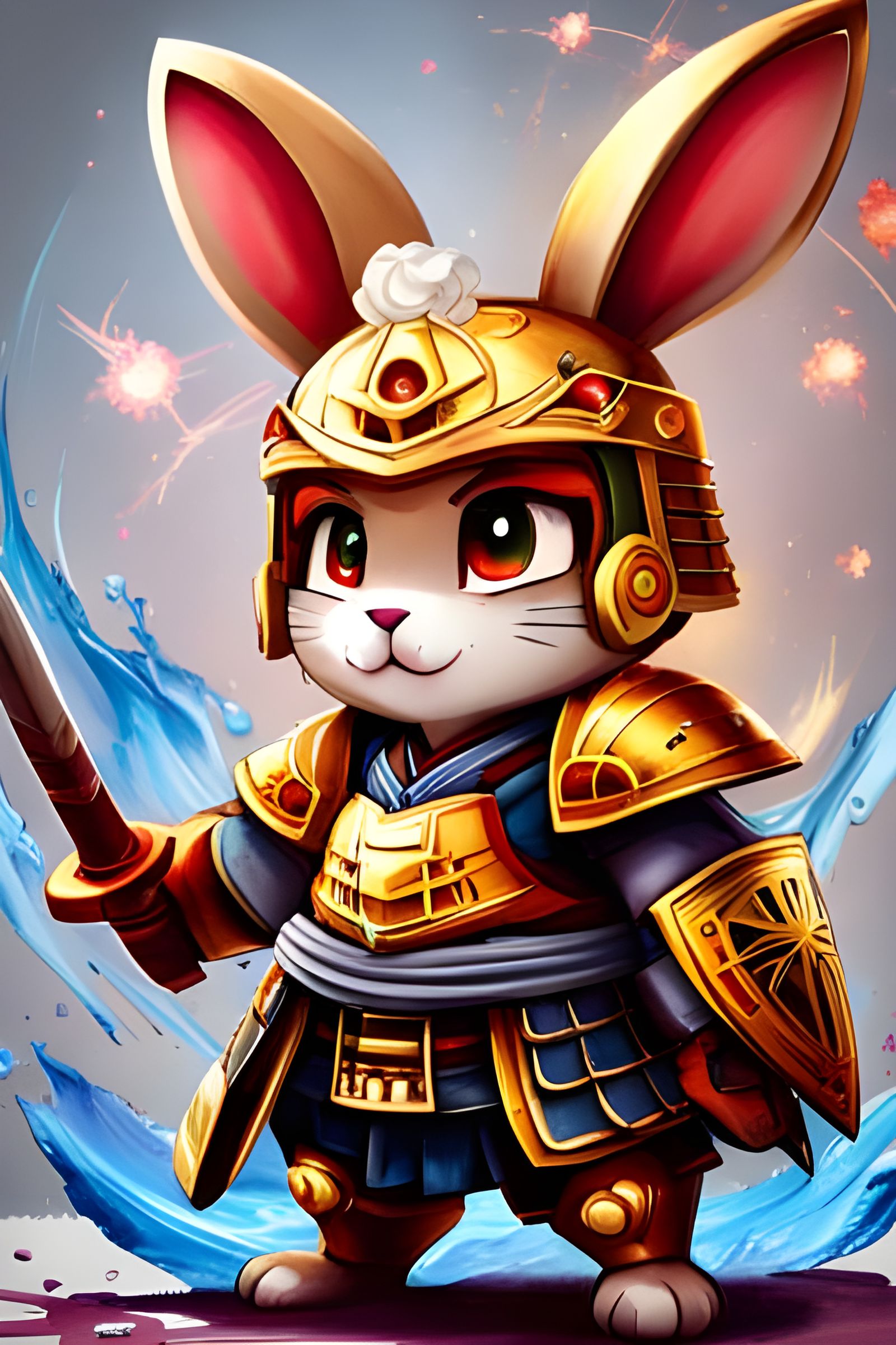 an adorable Full Image of a samurai chibbi rabbit wearing salvaged ...