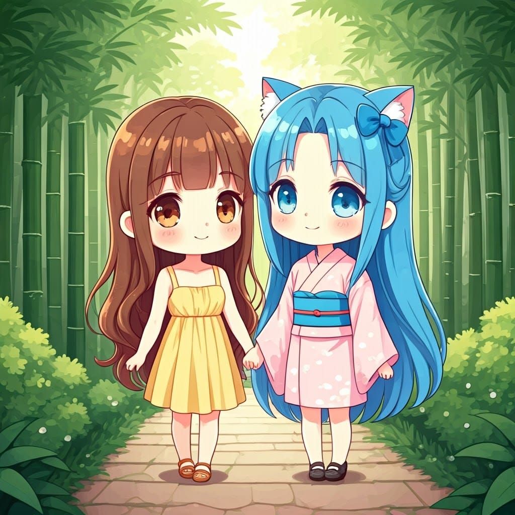 Anny and Koko - Chibi Women Stroll Through a Dreamy Bamboo F...