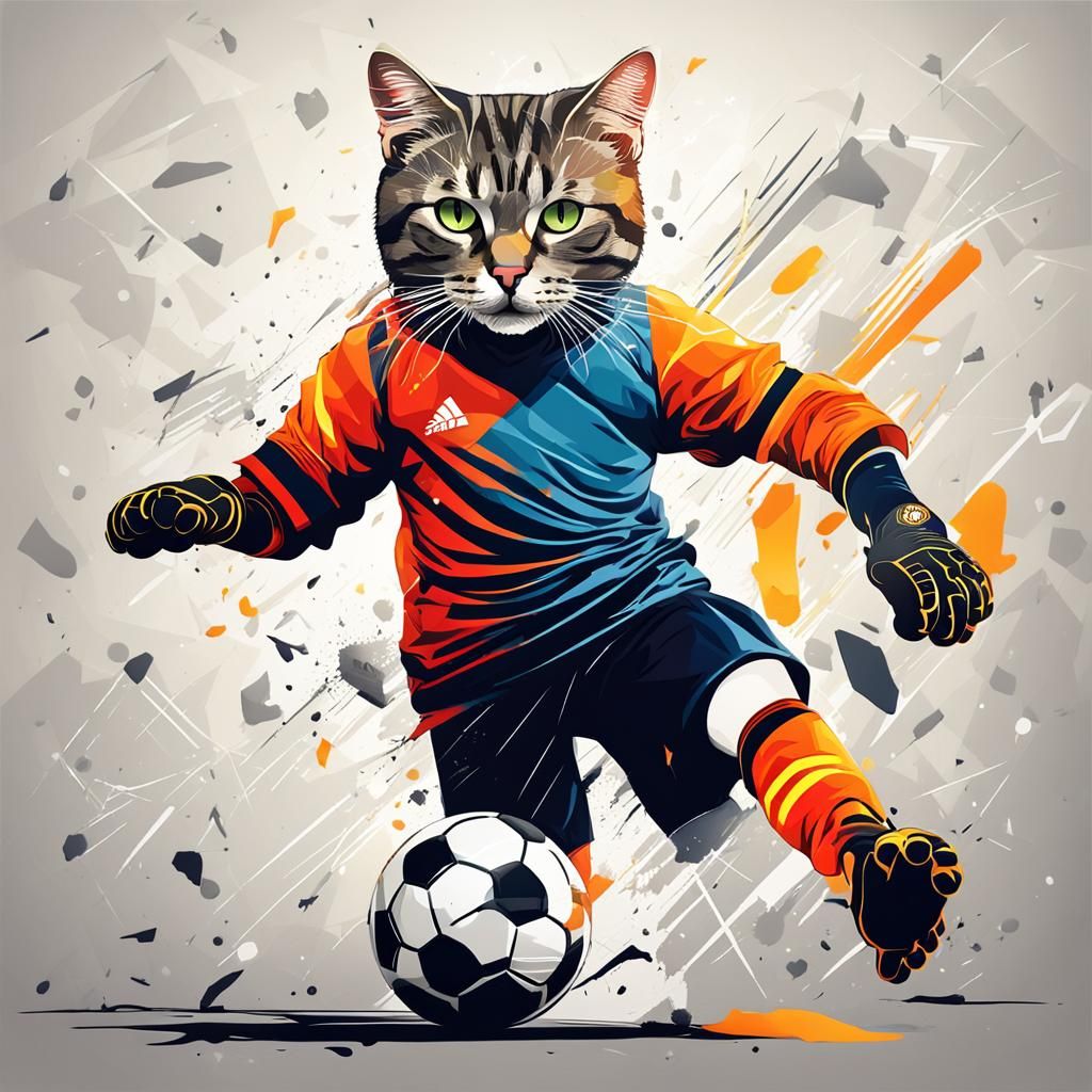 A cat dressed in soccer kit acting as goalkeeper and saving the ball ...