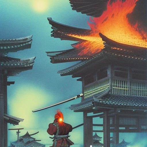 Japanese village setting on fire with a samurai holding a katana ...