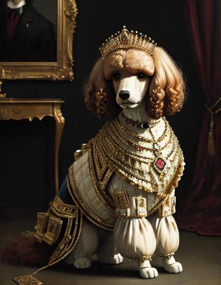 Portrait of a perfect Poodle dog. Filthy rich, pampered. Jewelled ...