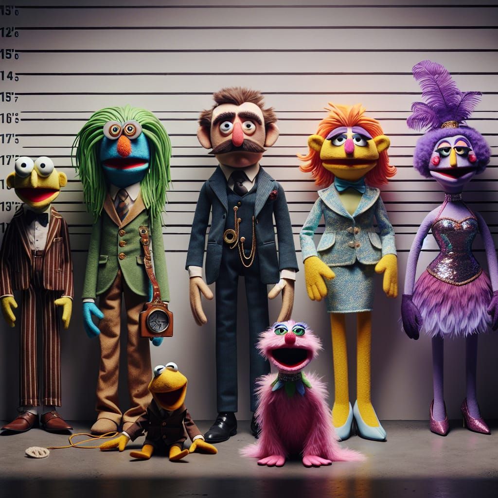 Muppets in a police line-up - Colorful Puppet Characters in...