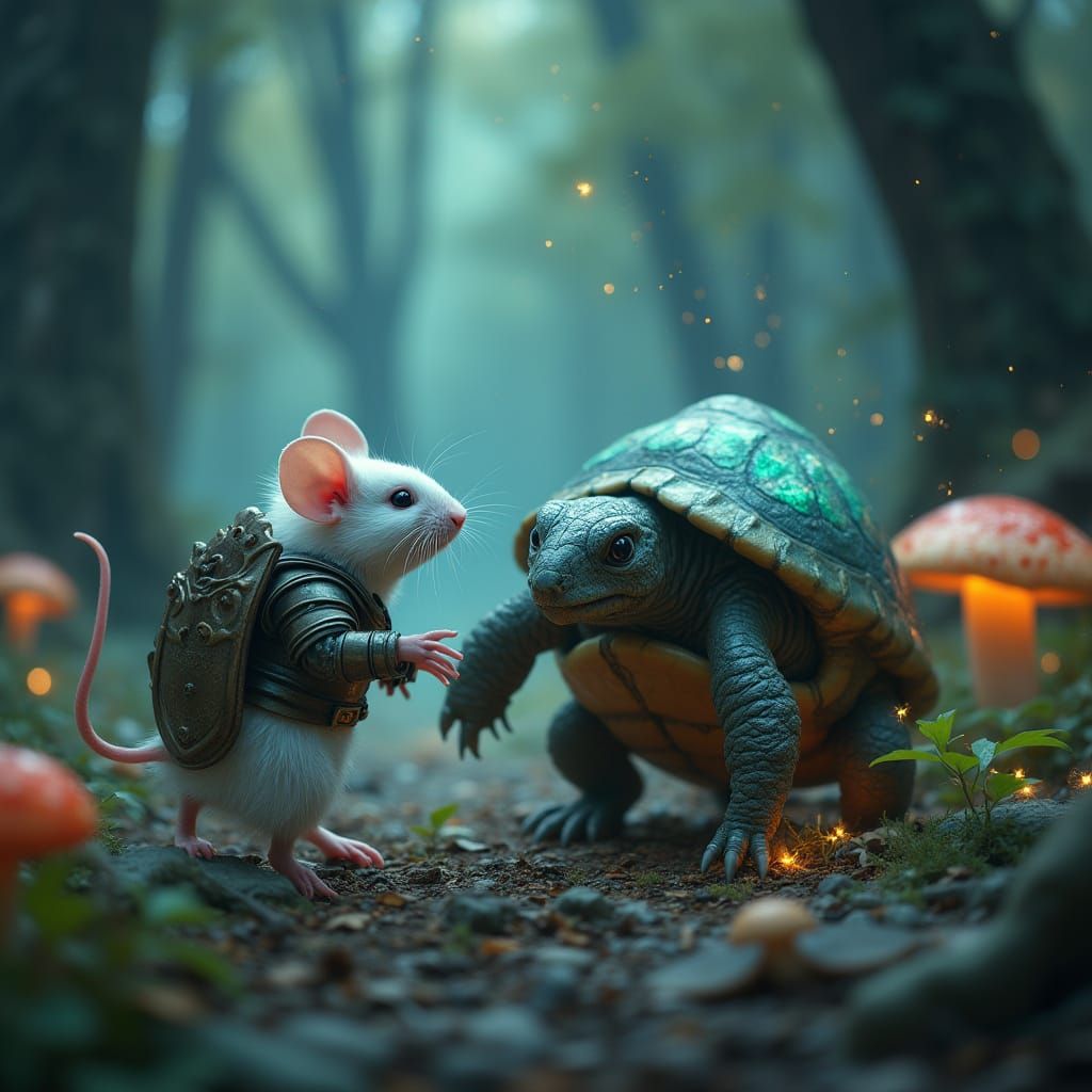 Heroic White Mouse Battles Turtle Warrior in Encha... - AI Art