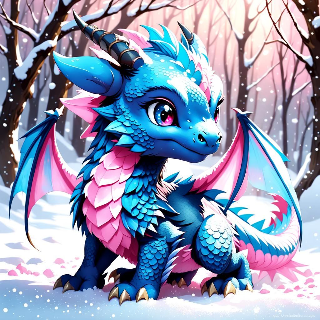 A whimsical adorable cute baby chibi fluffy dragon with blue and pink ...