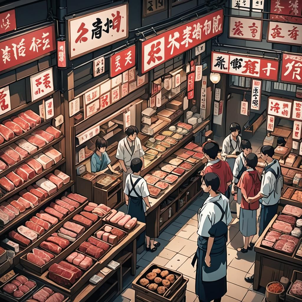 Japanese meat shop with a sign in japanese letters with costumers ...
