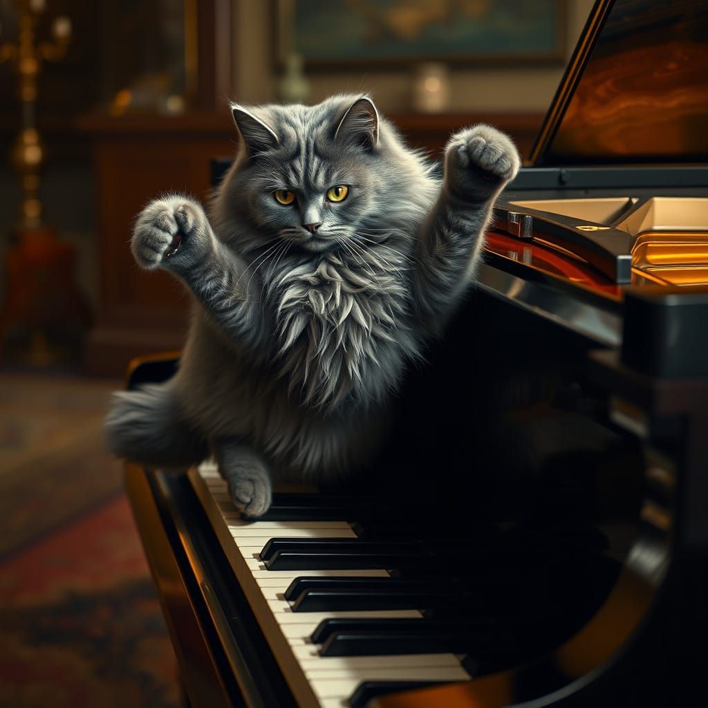 Elegant Grey Cat Plays Music on Grand Piano - AI Art