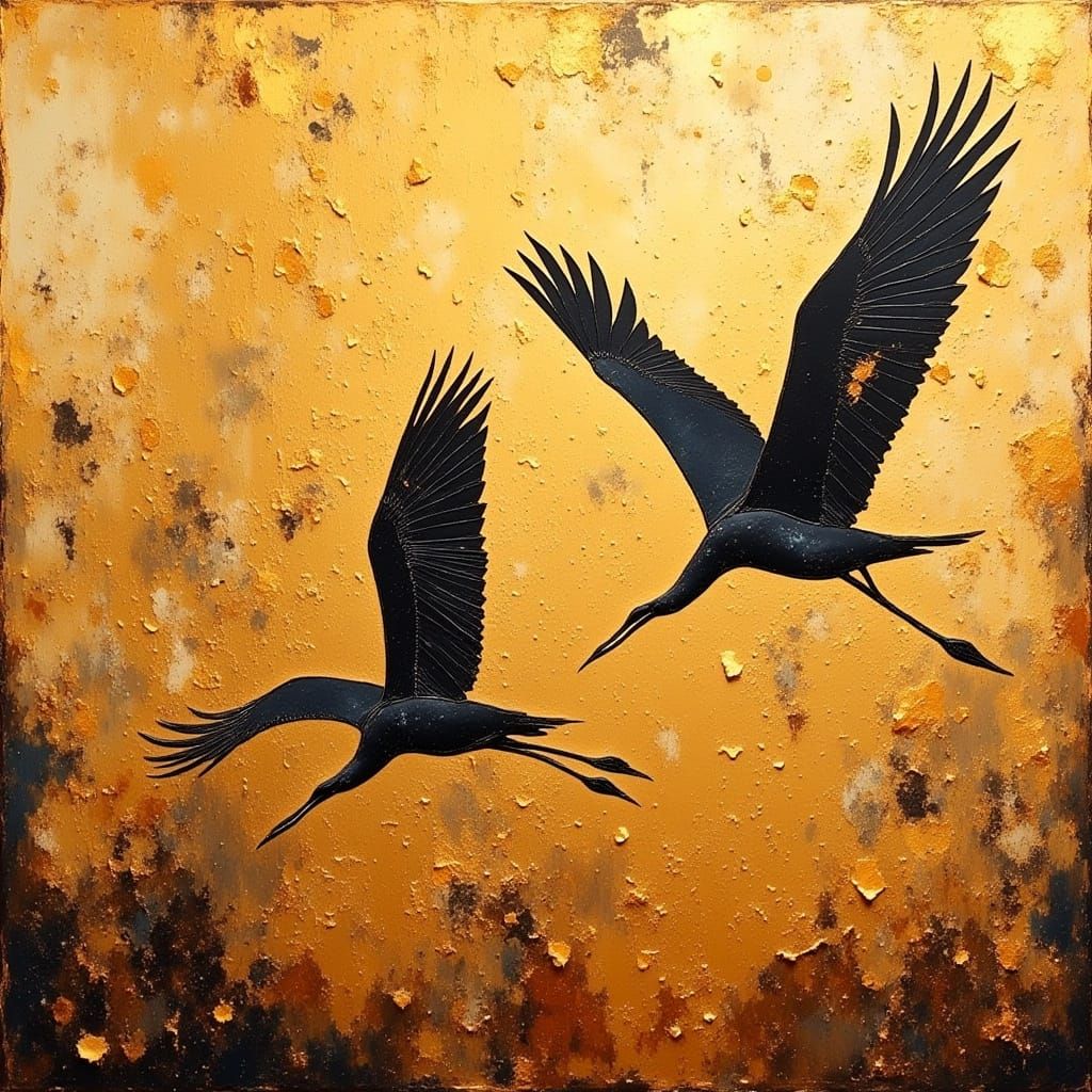 Birds - Ultra-Realistic Flying Cranes in a Grungy Golden Oil...